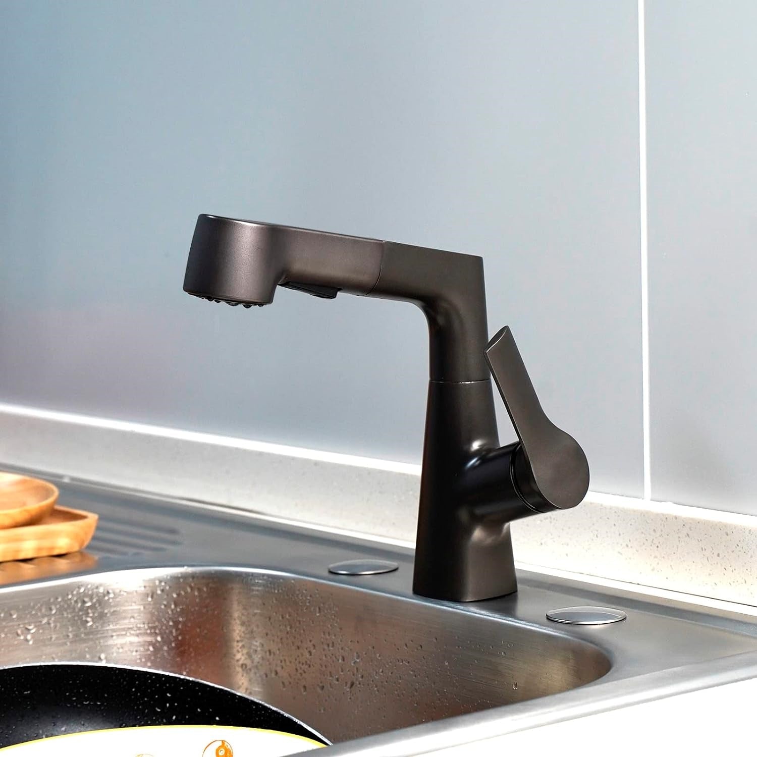 GoldenwarmUK Bathroom Taps Modern Liftable Pull Out Black Sink Tap