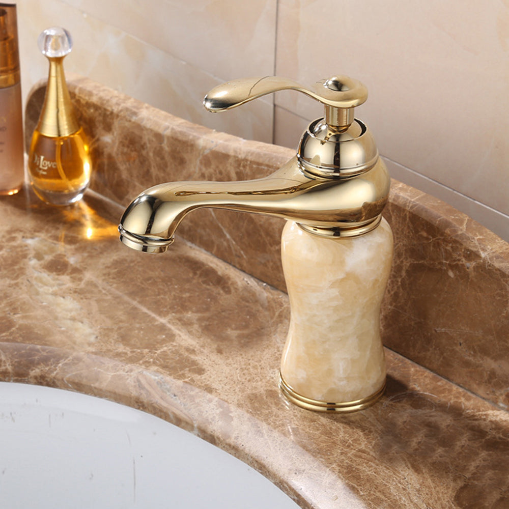 GoldenwarmUK Bathroom Basin Taps Brass Jade Single Hole Basin Tap Gold