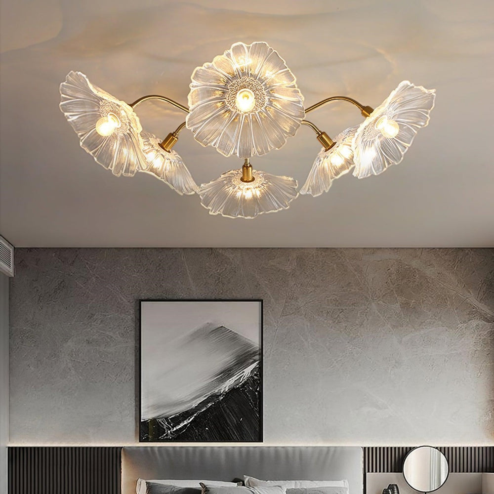 Goldenwarm Glass Ceiling Light Vintage Lotus Semi-Flush Mount Ceiling Light